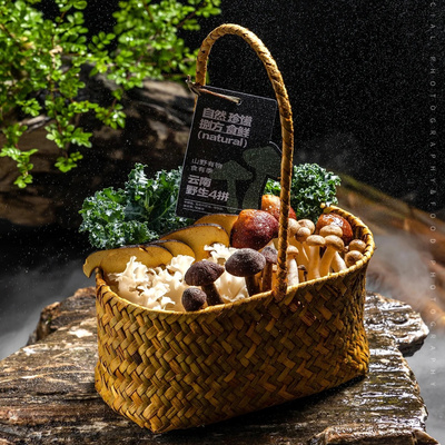 田园风手工藤编织手提篮子创意特色火锅店时蔬青菜茵茹类拼盘餐具