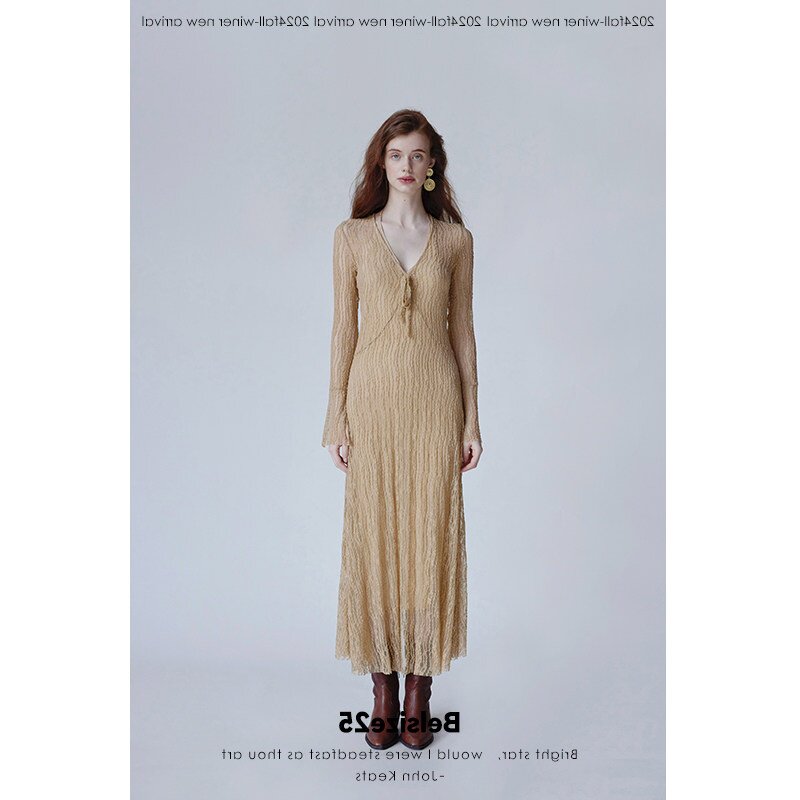 张雅钦同款 Trumpet dress 喇叭袖针织蕾丝透感系带连衣裙