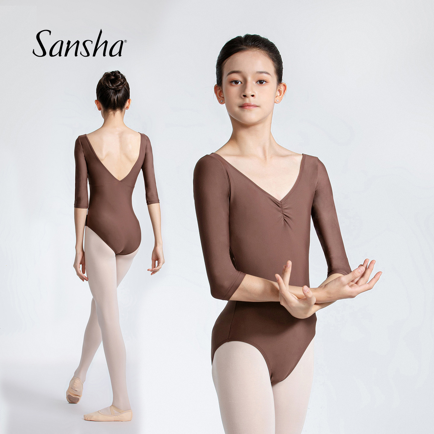 Sansha三沙芭蕾舞服女成人V领七分袖连体练功服高胯体操演出训练