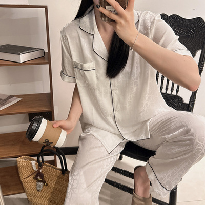 睡衣女夏季新款冰丝短袖长裤两件