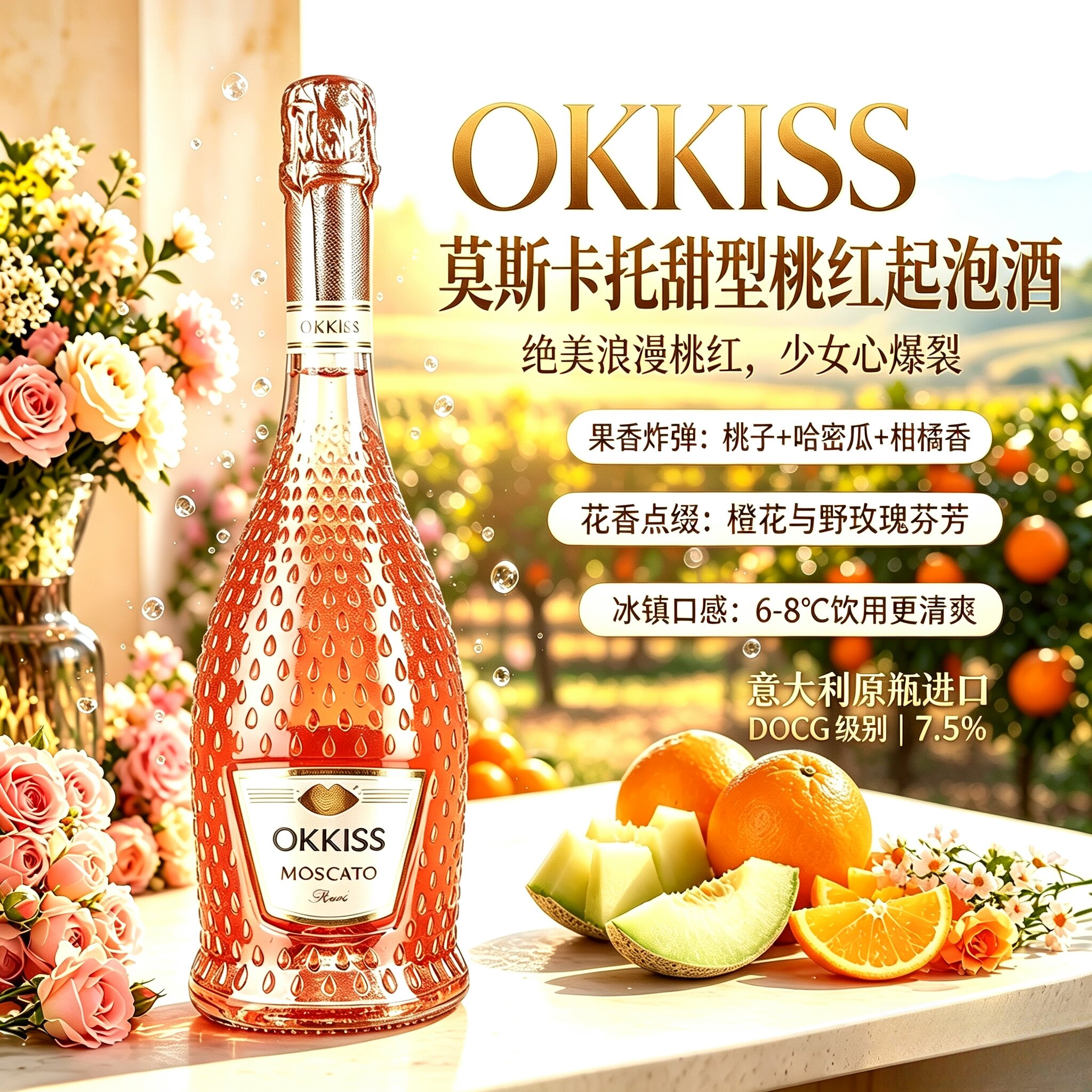 欧酷丝莫斯卡托桃红起泡酒意大利进口甜型气泡酒低度微醺女生果酒