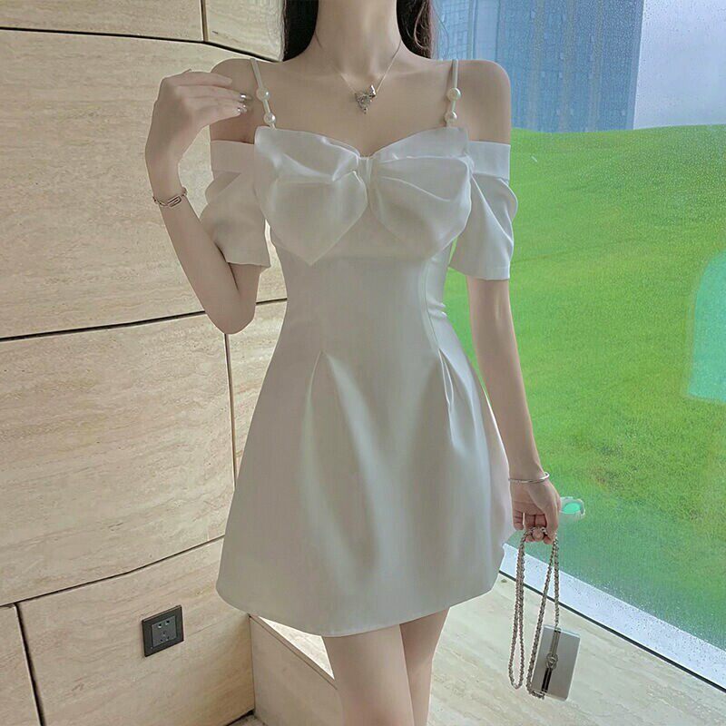 2026新款名媛气质性感蝴蝶结一字肩吊带洋装高级感生日礼服夏季
