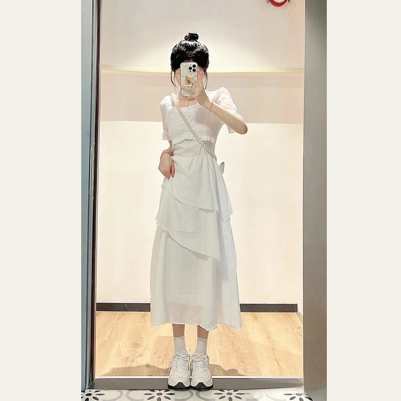 清仓!高级感白色连衣裙女夏季小个子法式泡泡袖收腰显瘦蛋糕裙