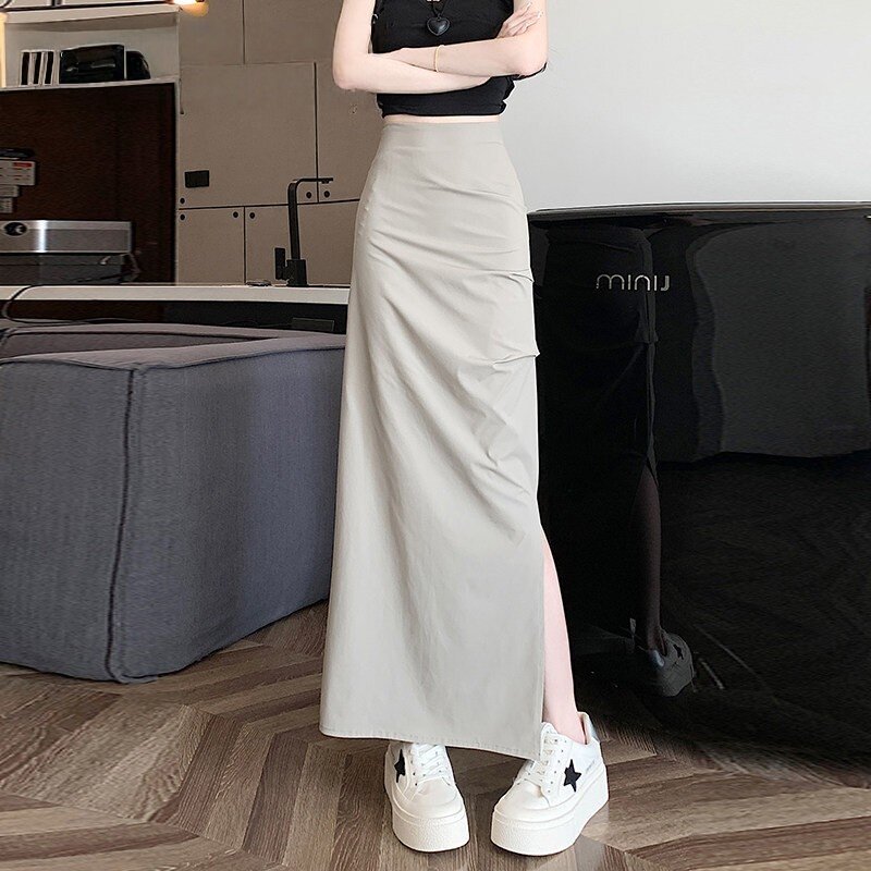 工装半身裙女2026春季新款高腰显瘦褶皱开叉包臀一步长裙