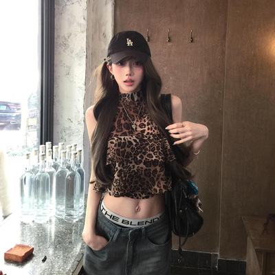 韩系设计感豹纹印花挂脖吊带女夏外穿多层荷叶边显瘦绝美辣妹上衣