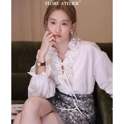 FLOREATELIER法式浪漫木耳边V领系带衬衫宽松气质显瘦长袖女