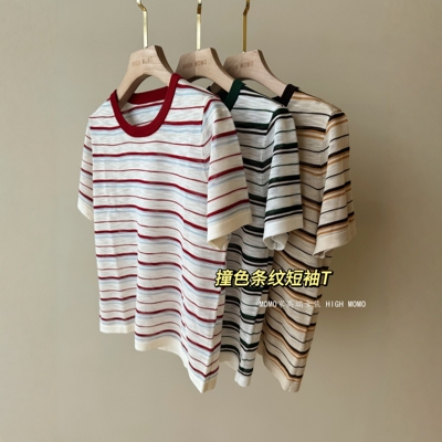 北欧条纹控～重磅竹节麻慵懒宽松短袖圆领撞色条纹T恤女夏季26