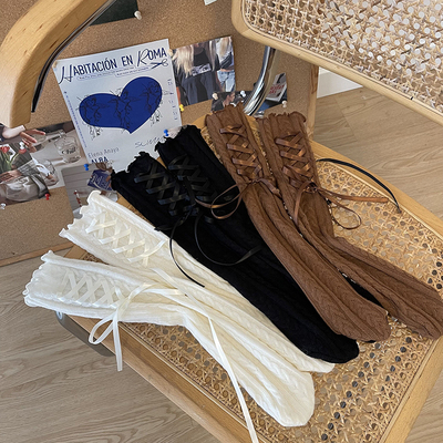 Auntie Nine 韩国麻花纹羊毛木耳边绸缎绑带少女堆堆袜