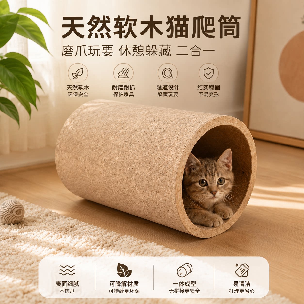 软木猫隧道圆筒躲避窝天然环保材质猫咪钻洞玩具耐磨宠物互动玩具