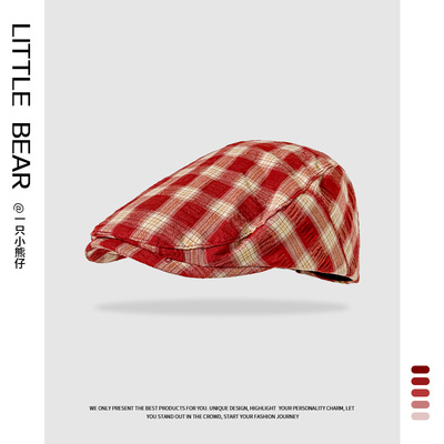 红色格子前进帽复古显脸小