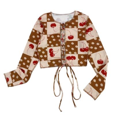C2004夏季新款女装大格子樱桃印花长袖上衣交叉系带短款T恤辣妹装