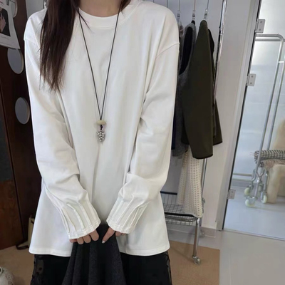 DW冬季圆领袖口褶皱设计感加绒T恤女宽松贝壳扣打底衫上衣8079