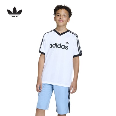 adidas阿迪达斯男女大童三叶草V领T恤2026夏足球风短袖上衣KE2841