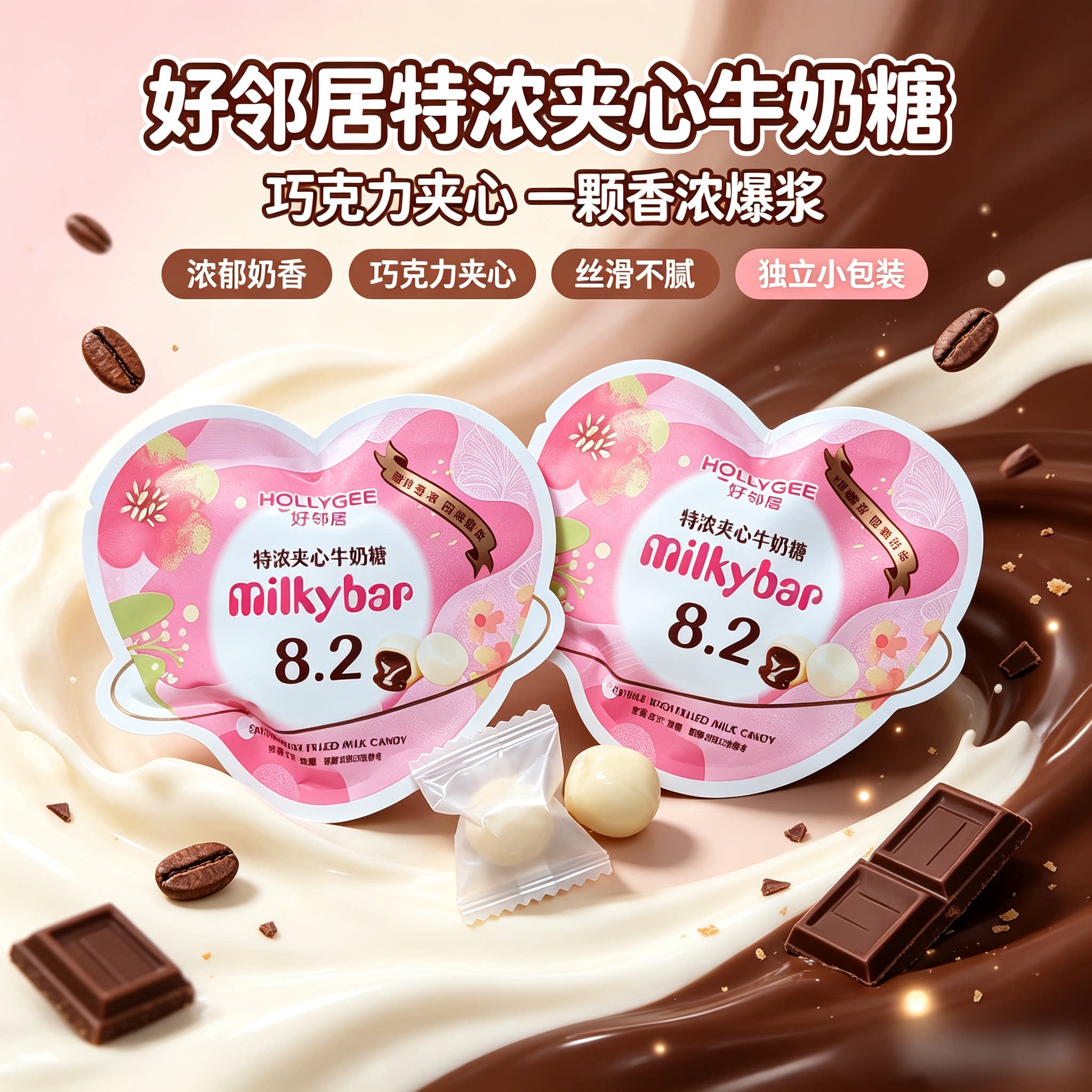 好邻居8.2特浓巧克力夹心牛奶糖硬糖散装休闲零食结婚喜糖伴手礼