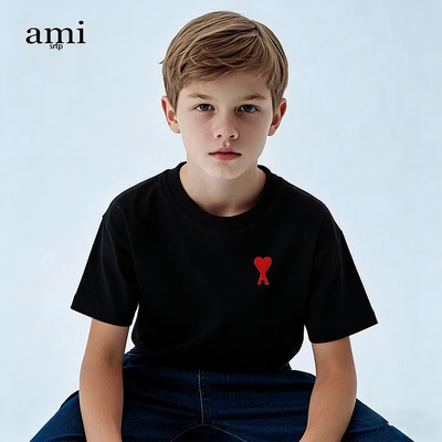 官方Ami srtp儿童黑色纯棉短袖t恤2026夏季新款宽松体恤休闲上衣