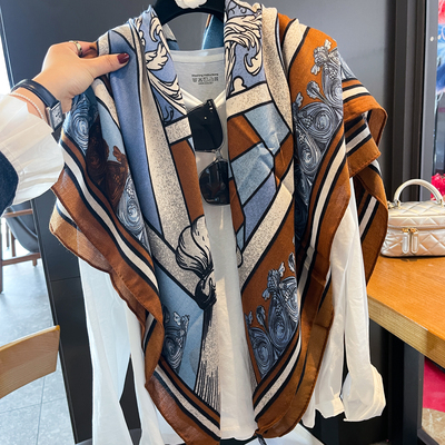 老钱风棕蓝撞色防晒方巾女大披肩