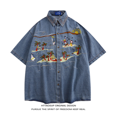 httaosup短袖设计感复古刺绣衬衫