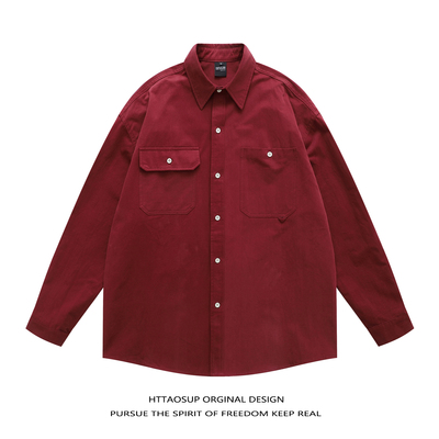 美式复古红色纯色长袖衬衫秋季