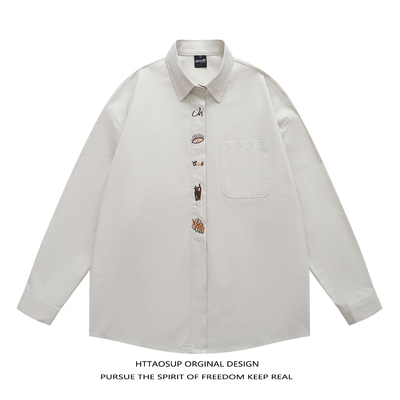 日系复古简约小猫刺绣长袖衬衫