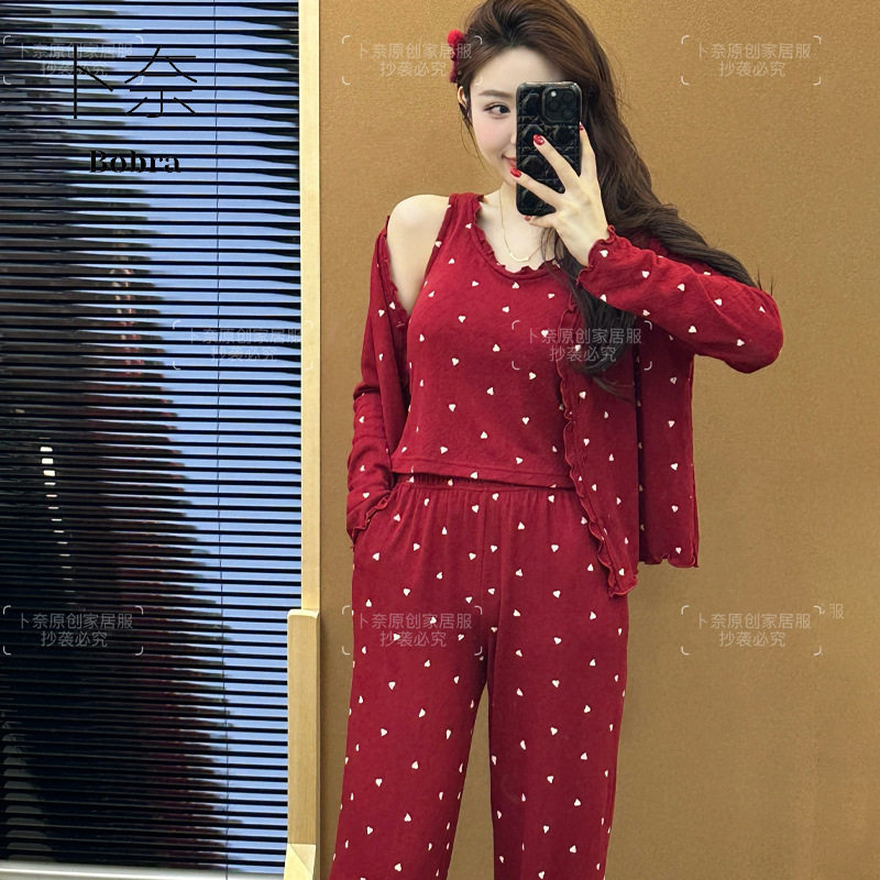 睡衣女春秋带胸垫吊带三件套可外穿家居服甜美感性感女款