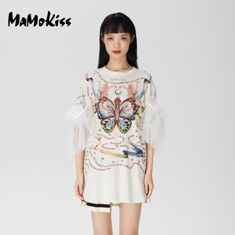 【SY】fiona chen/斐娜晨&mamokiss2023新品蝴蝶网纱袖连衣裙_虎窝淘