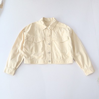 春秋季女长袖外套棉小翻领纽扣宽松休闲纯色时尚百搭短款上衣C6M