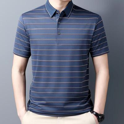 夏季新款男士桑丝蚕上丝衫短袖恤青中年冰衫休H25-2906闲条纹衣