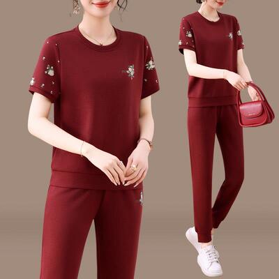 袖两件套装女夏季短装运动闲龄休穿搭一整套超火妈妈春19-6657新