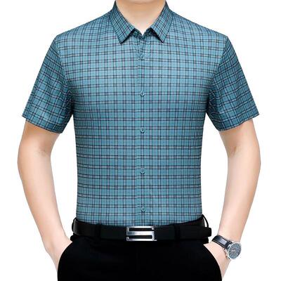 爸装无痕衬衫短袖夏季丝中年男士爸务免烫时88095-X尚商格子桑蚕