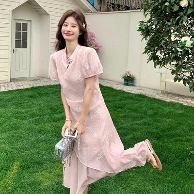 粉新中式色温淑女婉风连衣裙新款夏设计日c268-M26感假两件刺绣长