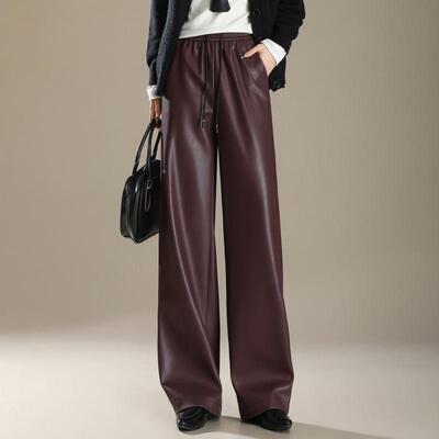 E62698全美式安拉红真皮裤女秋冬新款绵羊皮小个子皮拖地阔腿皮可