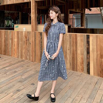 法式复古格子连衣女夏新院款娃裙娃领收腰ZSHUI269显龄学风中长瘦