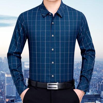 秋季男新款商务闲中年休997-R羊士长袖衬衫爸爸装上衣山绒格子衬