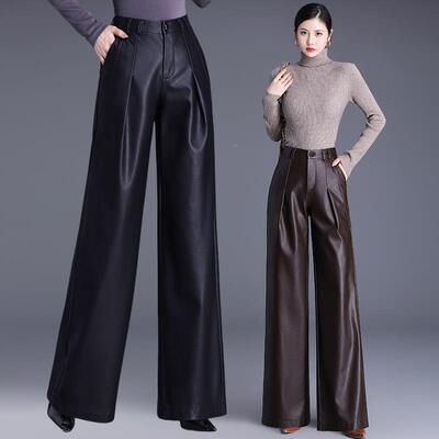 约22606长款宽松休时髦绵羊皮皮裤修年简秋冬季高闲腰身气质阔腿
