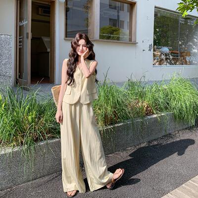 韩版休套闲美慵懒D079-902花风套装女新款边领马甲甜阔腿裤两件夏