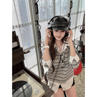 现货【Preppy海德校刊】高智学院派 “假两件”拼接衬衫条纹上衣