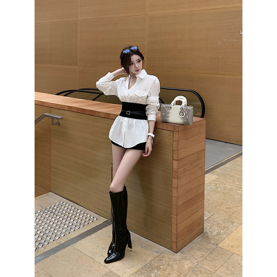 Momoshero【girdling衬衫裙】高知韩女oni“细腰感tie”V领衬衫裙