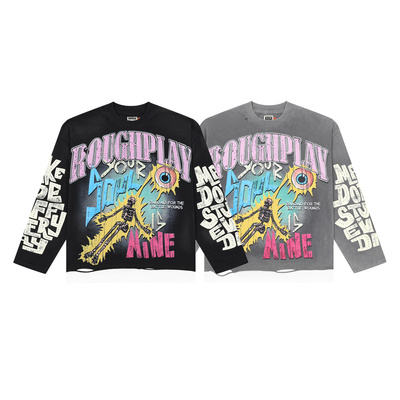 美式RoughPlay骷髅人洗水烫钻破洞街头ins拼接假两件纯棉长袖T恤