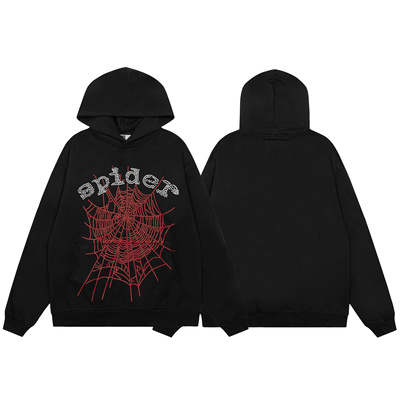 小众Sp5der美式烫钻蜘蛛网发泡印花YoungThug毛圈纯棉连帽卫衣衫