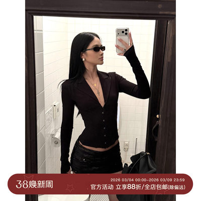 rovente 曲线plus黑色深V鱼骨上衣女辣妹修身收腰显瘦西装领衬衫