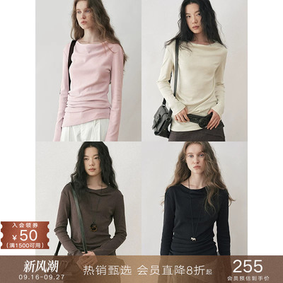 popchrio不规则褶皱荡领长袖T恤