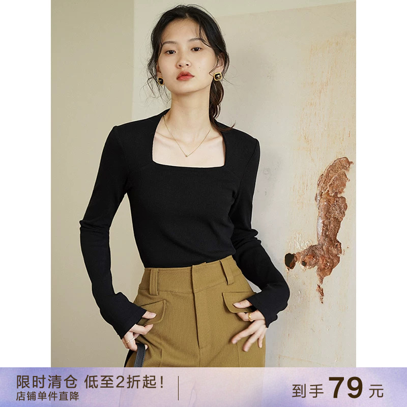 【到手79元】时髦挂肩方领法式针织上衣小众黑色长袖T恤打底衫