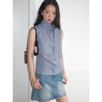 Fu 韩版设计感皱褶系带格子无袖衬衫女2025夏季新款减龄上衣3936