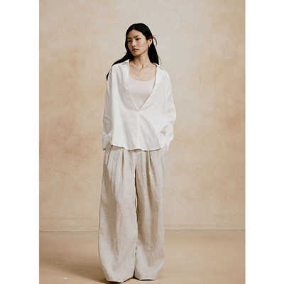 垂感压褶高腰亚麻竹节阔腿裤