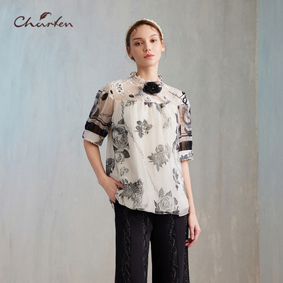 朝峰法式甜美碎花立领泡泡袖衬衫