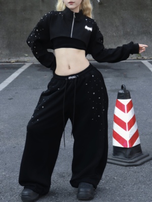 BLACKBOX黑盒子原创铆钉烫钻刺绣美式复古纯棉卫裤男女同款长裤