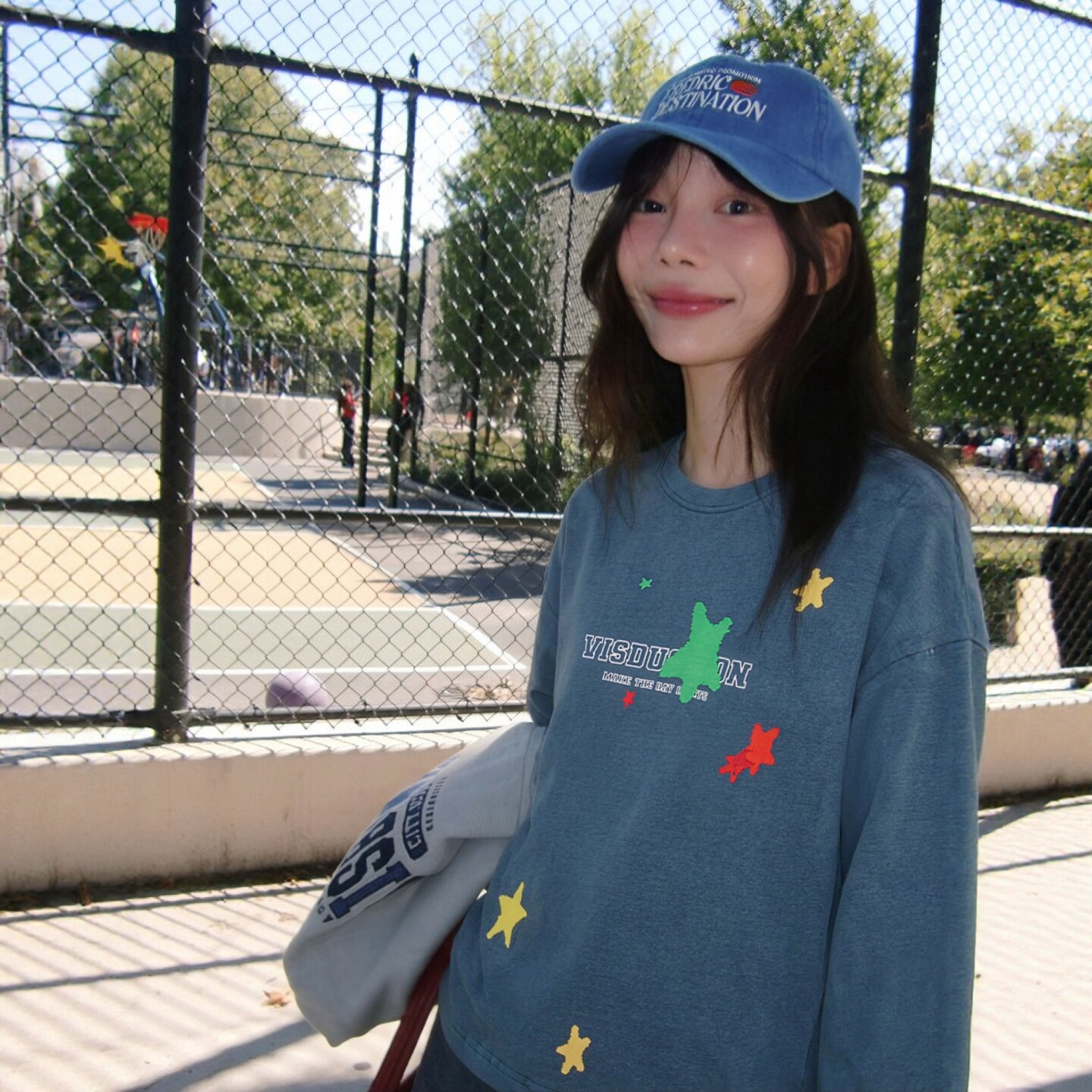 韩系少女心甜美风五角星印花长袖T恤女甜妹宽松纯棉休恤上衣藏青