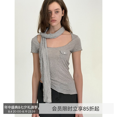 【肌理皱感】BiLLconch大U领修身T恤女褶皱肌理不规则短款上衣