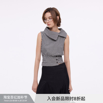 【格纹序曲】BiLLconch复古格子斜领上衣女100%纯棉收腰显瘦衬衫