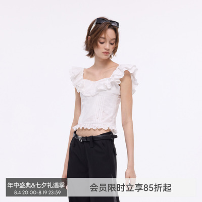 BiLLconch·巴黎旧事 辣妹吊带荷叶边衬衫100棉两穿修身上衣传达